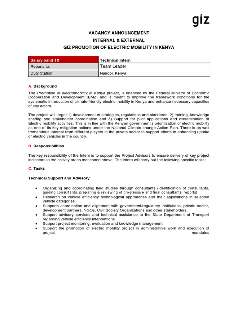 Technical Intern E - Mobility JD | PDF | Electric Vehicle | Kenya