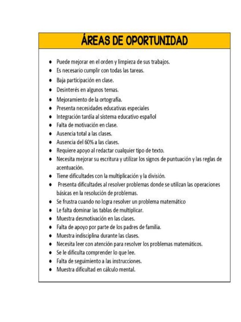 Areas de Oportunidad. Fichas | PDF