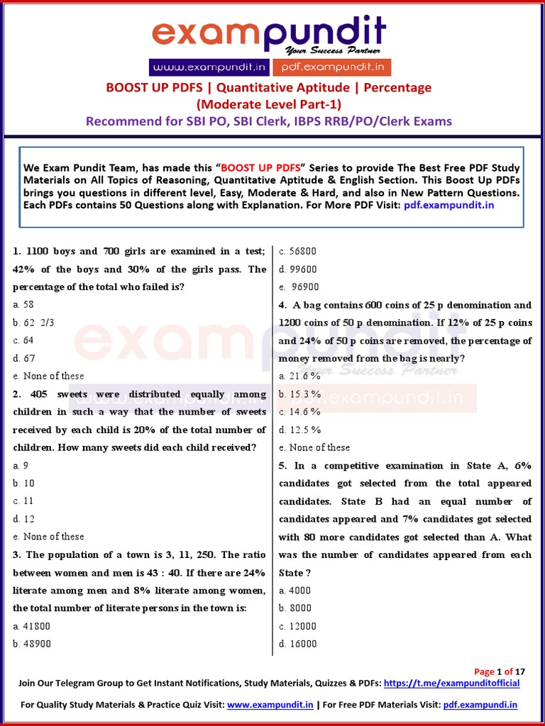 Percentage Problems Moderate Part 1 Boost Up Pdfs | PDF | Zinc | Mining