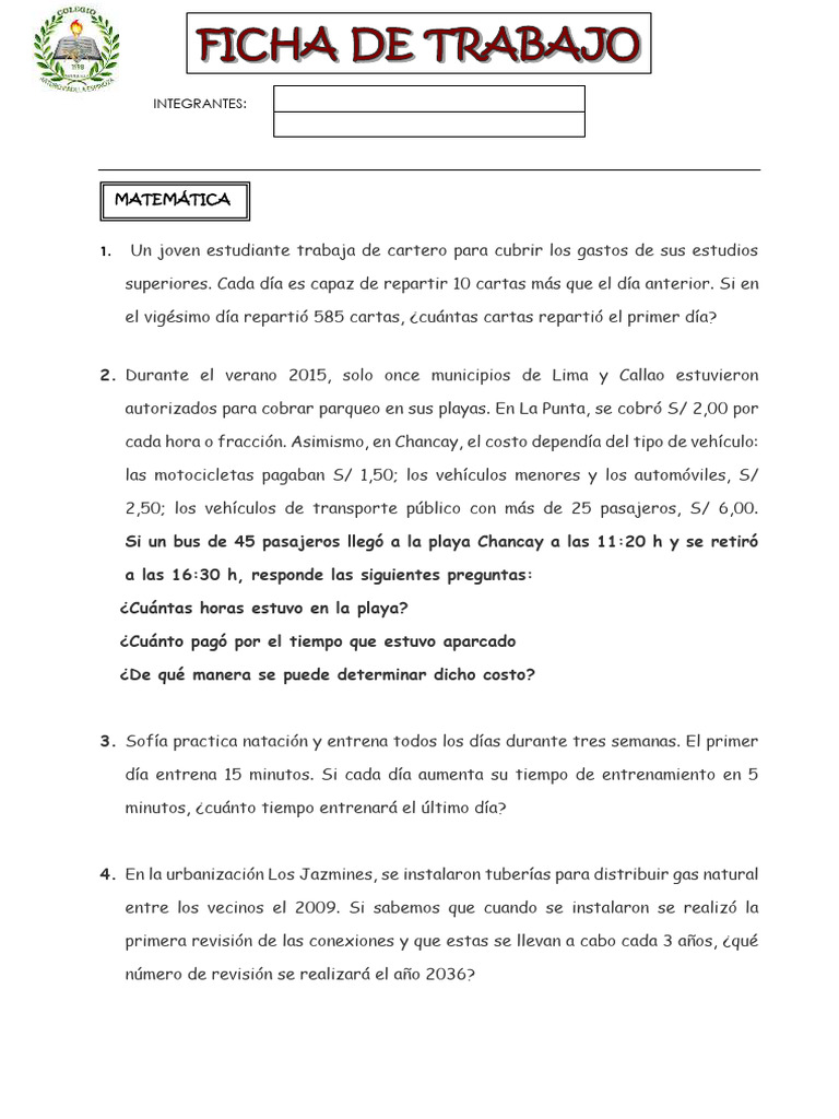 Ficha de Trabajo PROGRESIONES ARITMETICAS | PDF