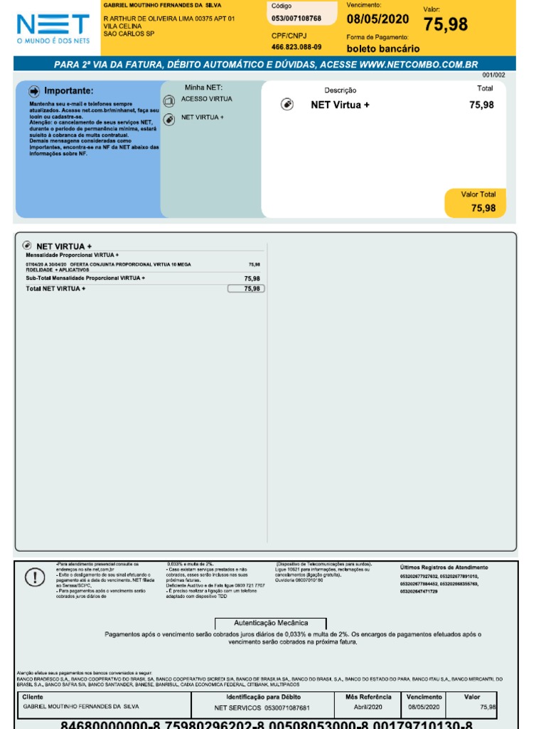 Conta de Internet (MAIO DE 2020) | PDF