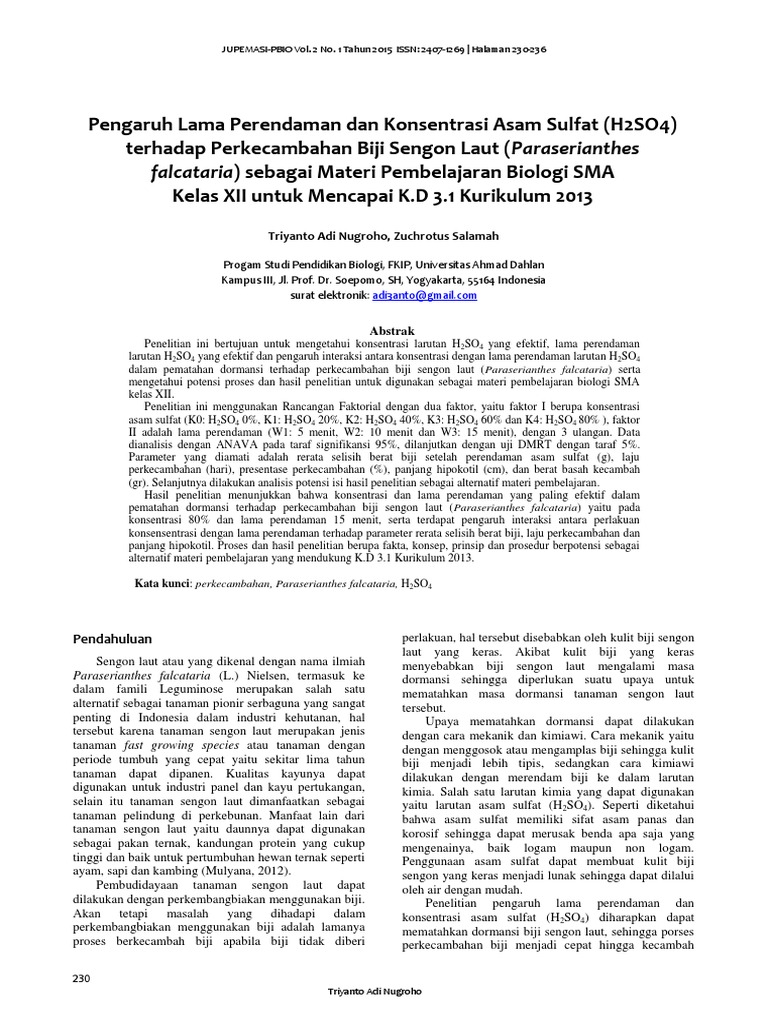 Pengaruh Lama Perendaman Dan Konsentrasi Asam Sulfat (H2SO4) Trhdap Biji Sengon Laut | PDF