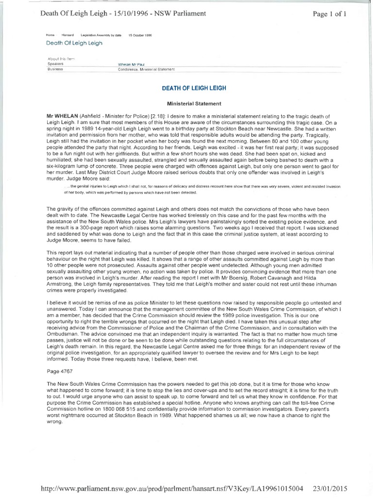 Death of Leigh Leigh Ministerial Statement | PDF