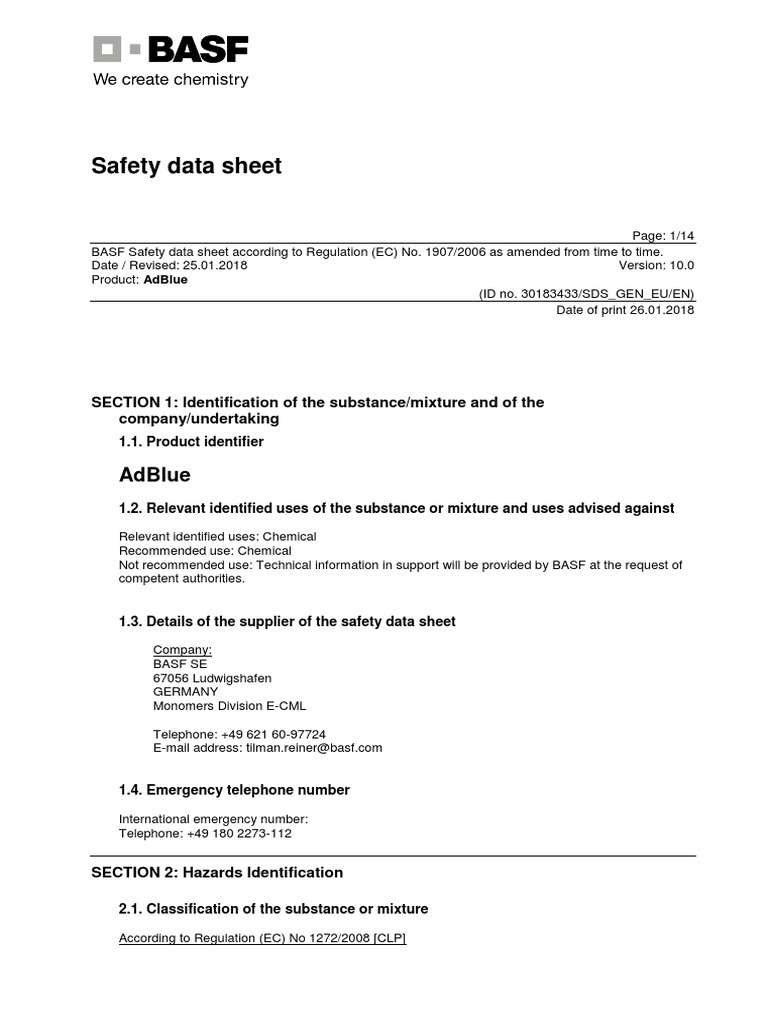 BASF Safety Data Sheet EN 2018 | PDF | Toxicity | Dangerous Goods