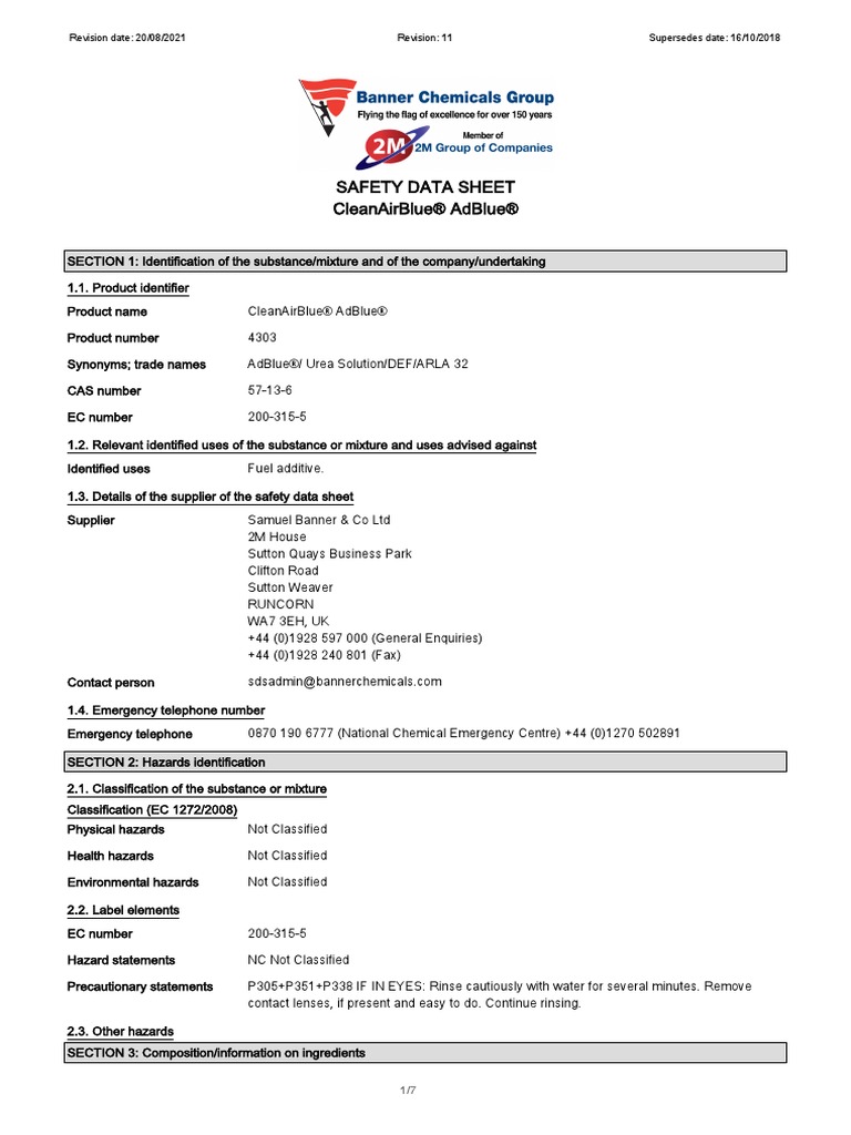 SDS CleanAirBlue® AdBlue® 4303 | PDF | Dangerous Goods | Safety