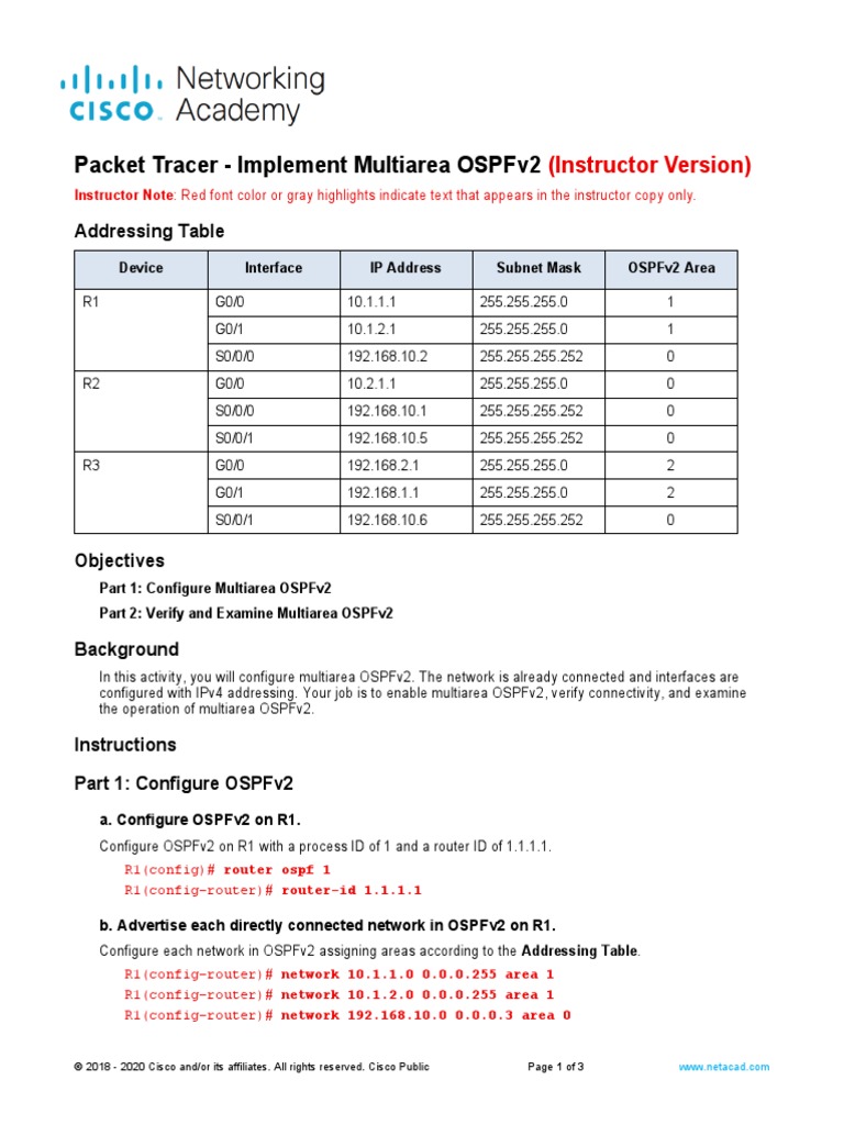 9.2.1 Packet Tracer - Implement Multiarea OSPFv2 - ILM | PDF | Router (Computing) | Networking ...