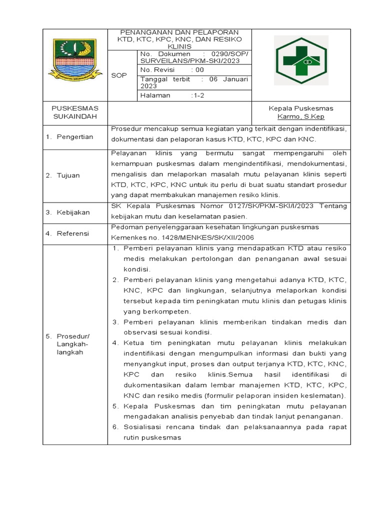 Sop Penanganan Dan (Pelaporan KTD, KTC, KPC, KNC, Dan Resiko Klinis | PDF