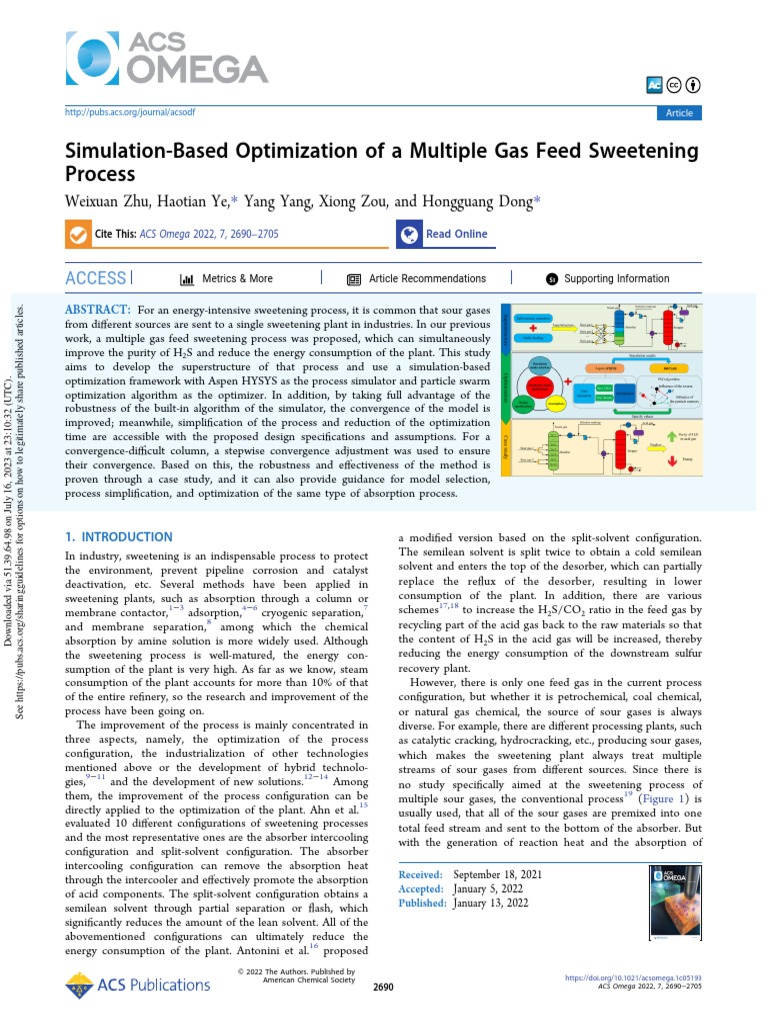 Simulation Based Optimization Of A Multiple Gas Feed Sweetening Pdf Mathematical