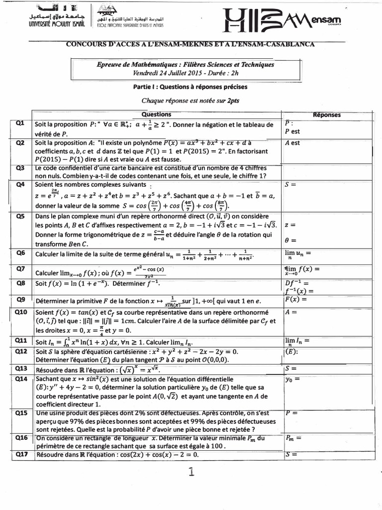 Ensam Maths SVT 2015 | PDF | Asymptote | Tangente (géométrie)
