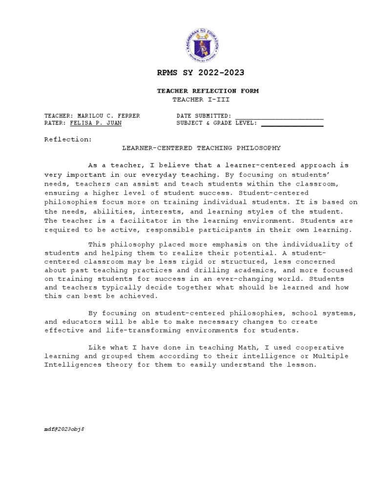 Teacher Reflection on RPMS 2022-2023 | PDF | Learning | Behavior ...