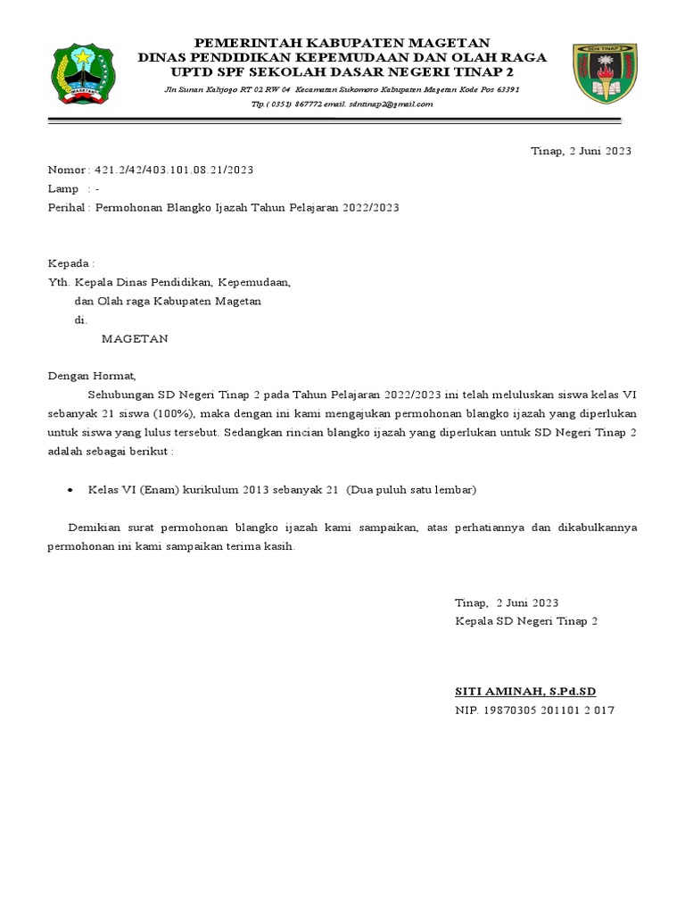 Permohonan Blangko Ijazah SD Tinap 2 | PDF