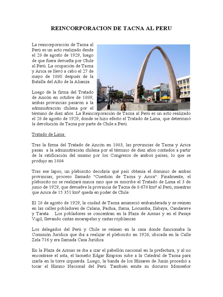 Reincorporacion de Tacna Al Peru | PDF Reincorporacion de Tacna Al Peru | PDF