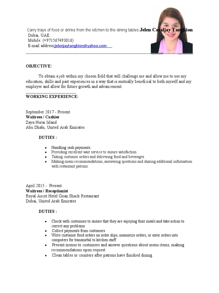 Jelen Updated CV 2 | PDF | Waiting Staff | Menu