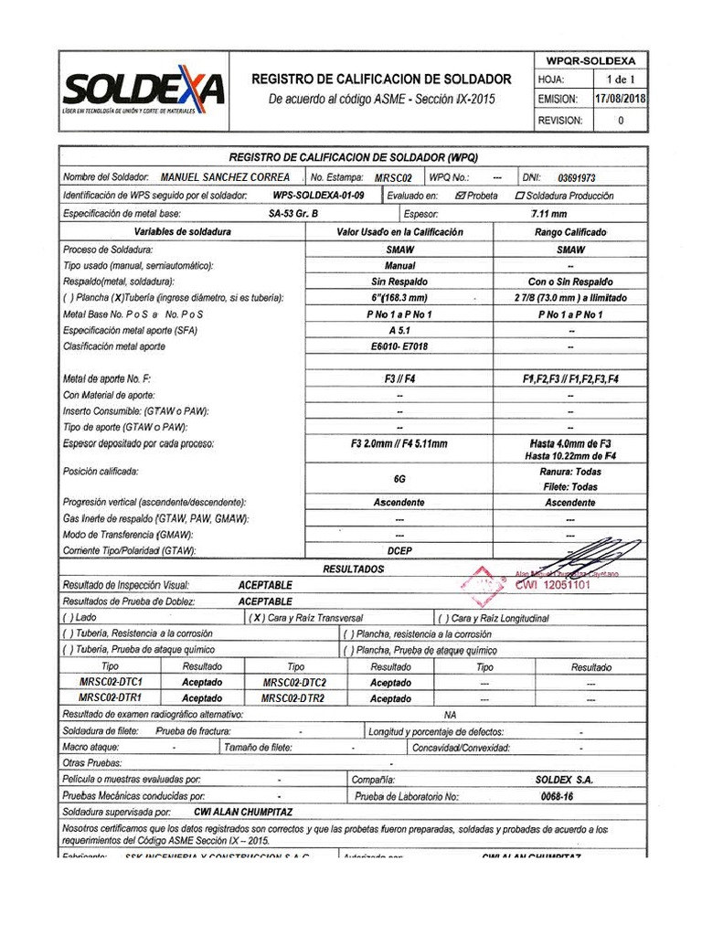 Homologacion Soldexa Manuel Sanchez Correa 6G | PDF