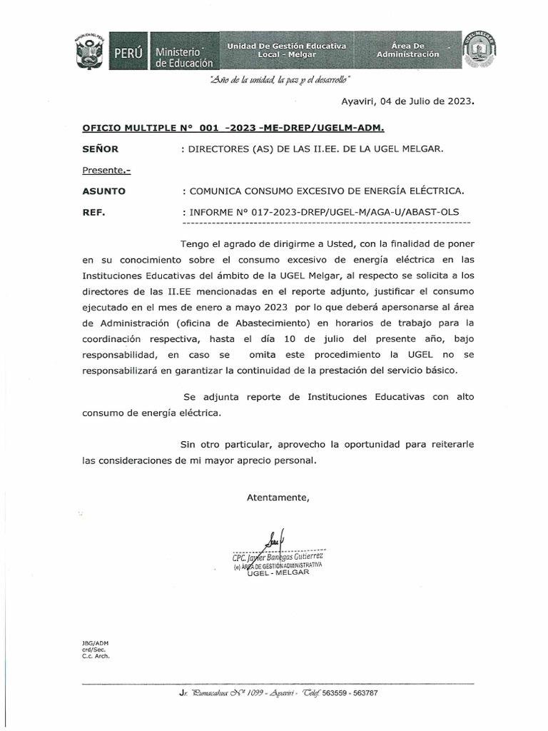 Oficio Multiple #001 2023 Comunica Consumo Excesivo de Energia Electrica | PDF