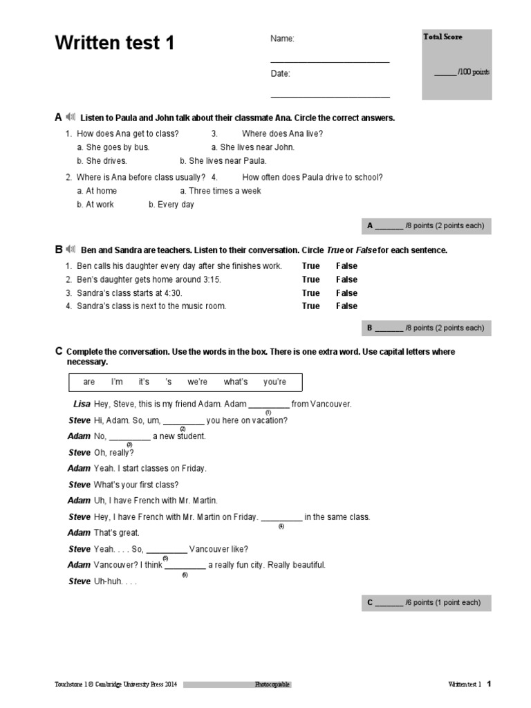 Touchstone 1 Written Test 1 | PDF