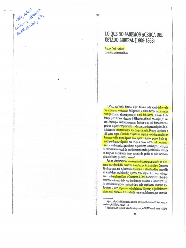Tomás y Valiente - Lo Que No Sabemos Acerca Del Estado Liberal | PDF