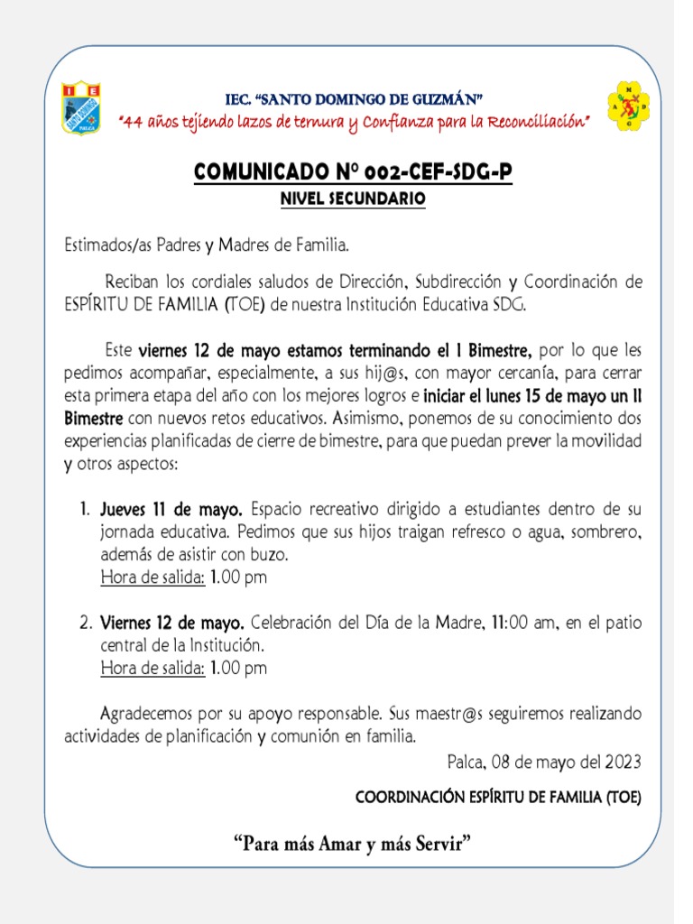 Comunicado Sec-Fin I Bim N°02 | PDF