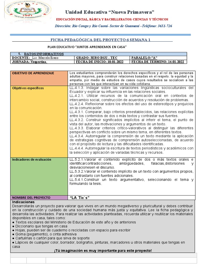 Lengua - 3 - Planificacion Unidad Semana 1 | PDF | Educación de la ...