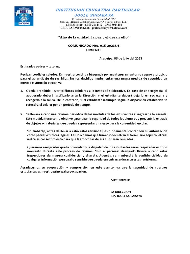 Comunicado 015-23 Revisión Mochilas JS | PDF Comunicado 015-23 Revisión Mochilas JS | PDF