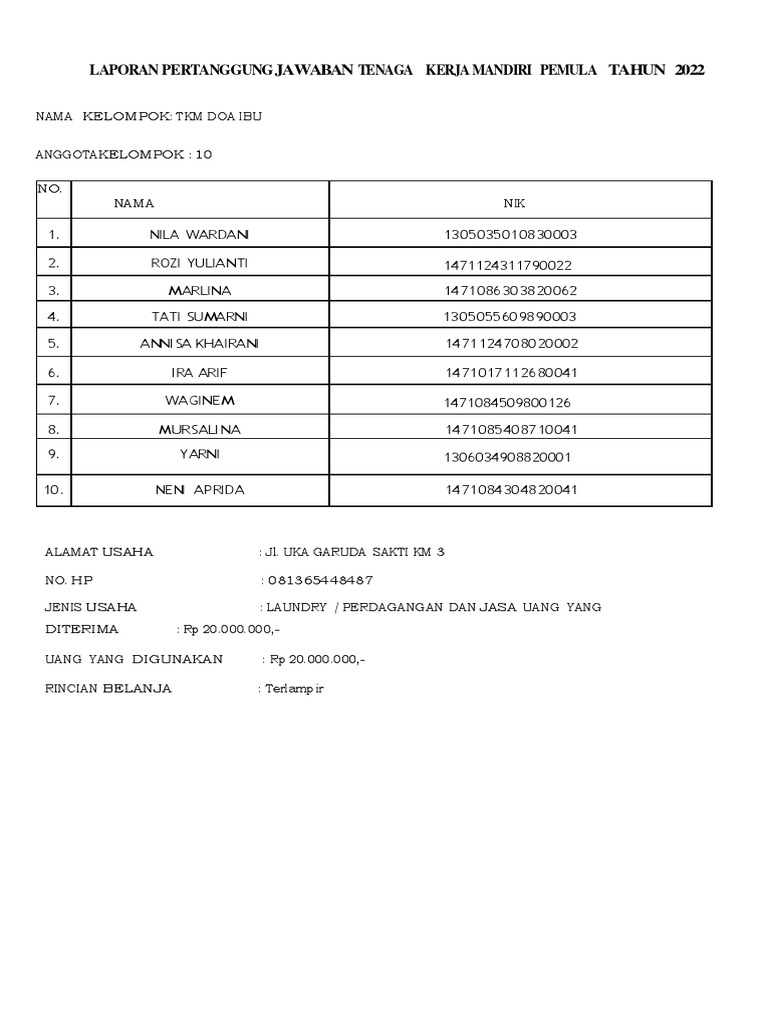 Laporan TKM Doa Ibu | PDF