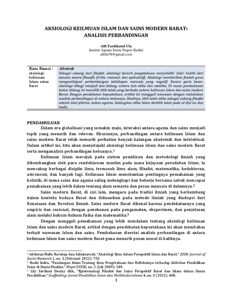 Aksiologi Keilmuan Islam Dan Sains Modern Barat | PDF