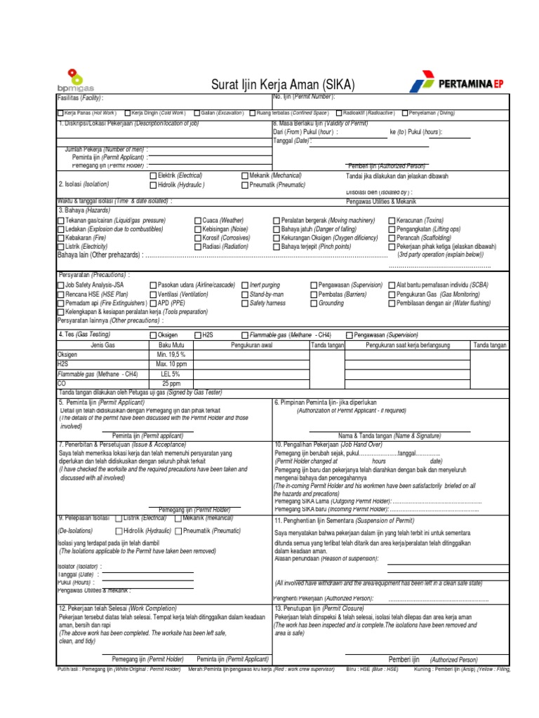 Surat Izin Kerja Aman (SIKA) Pertamina | PDF