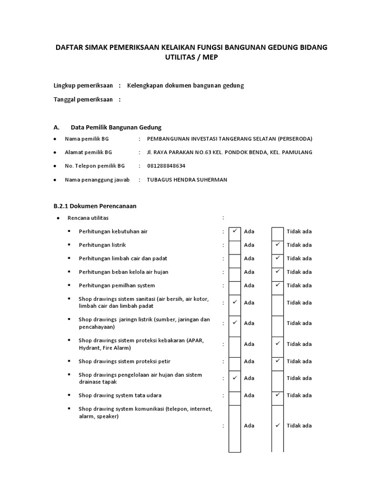 Check List DOk SLF Bid Utilitas Atau MEP | PDF