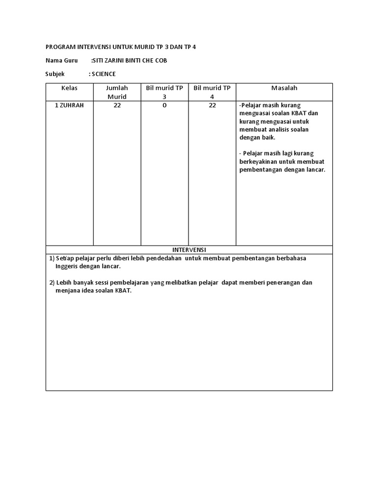 Intervensi Sains Murid TP 3 & 4 | PDF