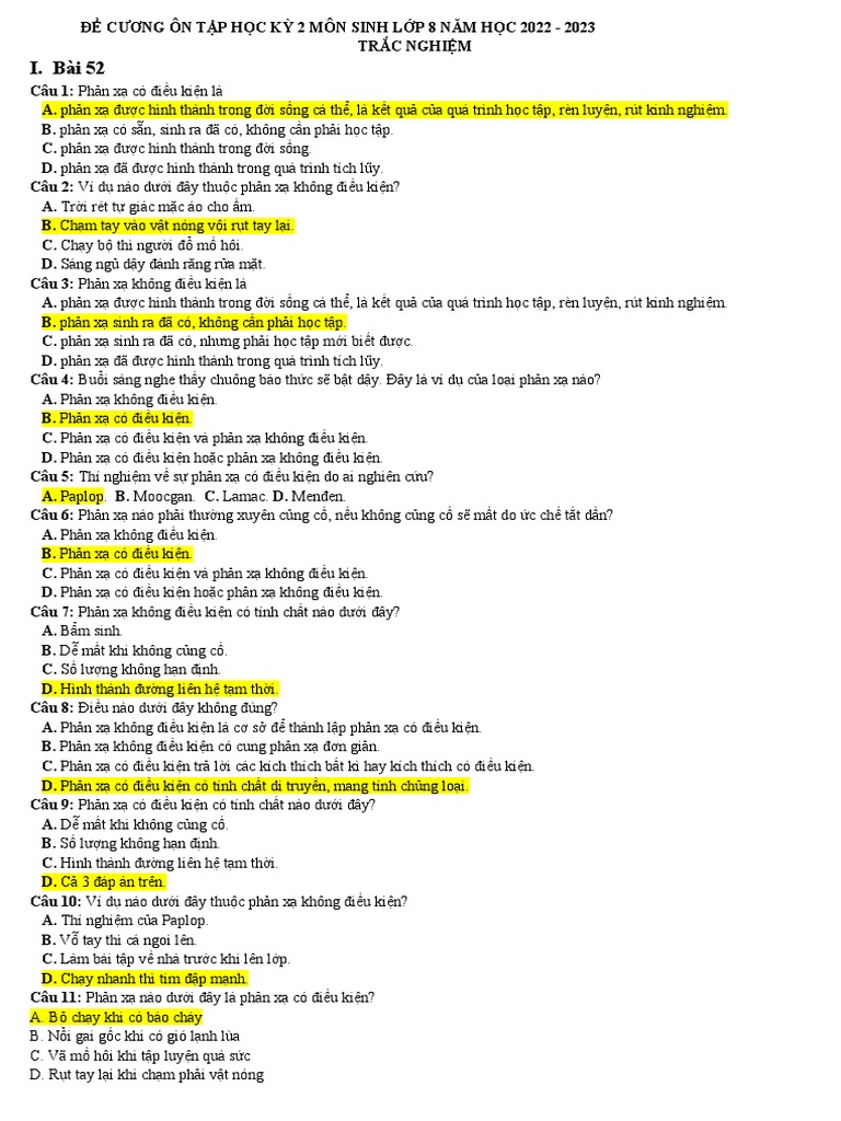 De Cuong On Tap Sinh 8 Nam 22 23 Gui HS Da Bo Bai 57 | PDF