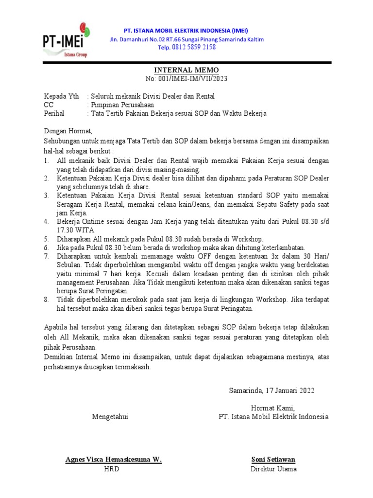 Internal Memo Sop Mekanik. | PDF