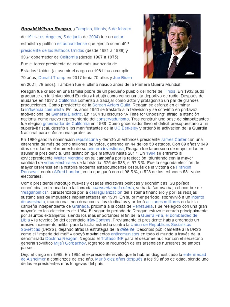 Biografía de Ronald Reagan | PDF | Ronald Reagan | Gobierno