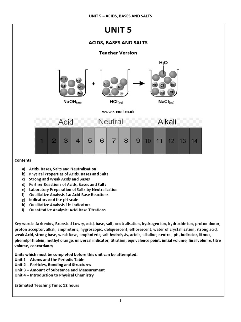 Unit 5 - Acids Bases and Salts Teacher Version | PDF | Hydroxide | Acid