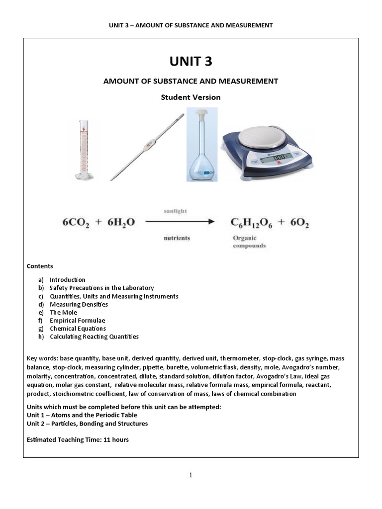 Unit 3 - Amount of Substance and Measurement Student Version | PDF ...