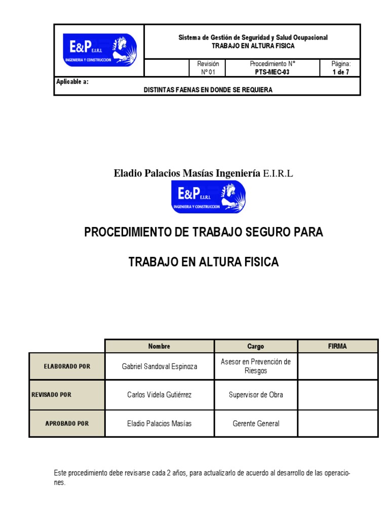 PTS-MEC-003 PROCEDIMIENTO DE TRABAJO SEGURO EN ALTURA - EyP | PDF | Andamio | Seguridad y salud ...