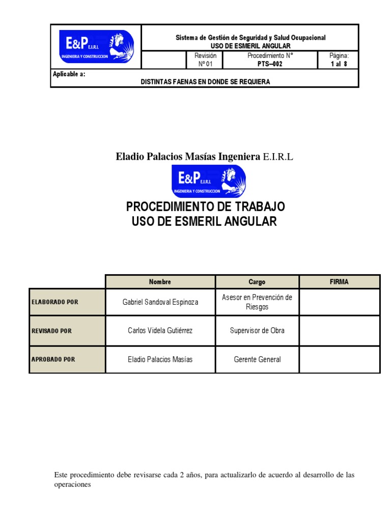 PTS-002 USO DE ESMERIL ANGULAR - EyP | PDF | Seguridad y salud ocupacional PTS-002 USO DE ESMERIL ANGULAR - EyP | PDF | Seguridad y salud ocupacional