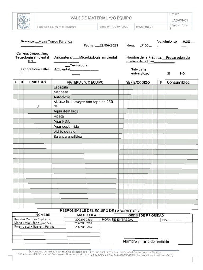 Vale de Solicitud de Material | PDF