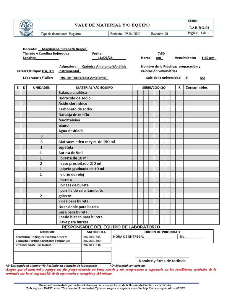 LAB-RG-01 Vale de Solicitud de Material 18 | PDF | Compuestos químicos ...