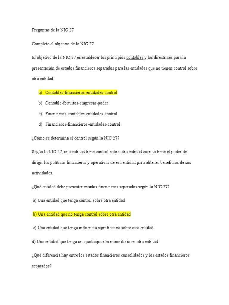 Preguntas de La NIC 27 y 28 | PDF | Estado financiero | Inversiones