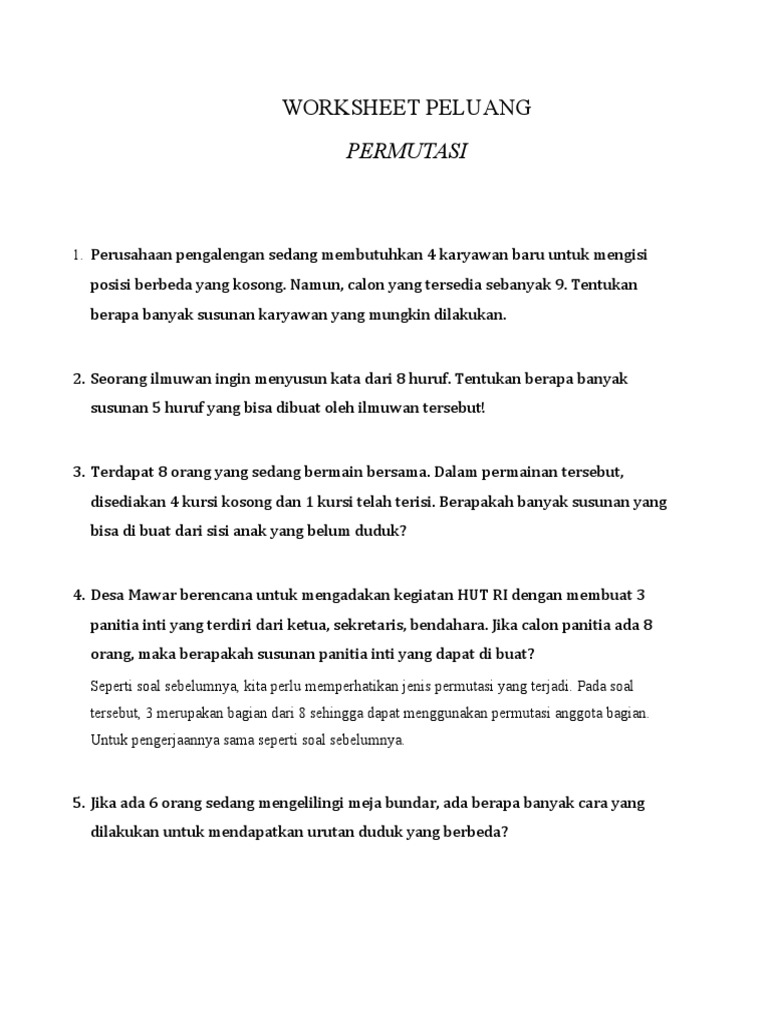 Worksheet Peluang Permutasi | PDF