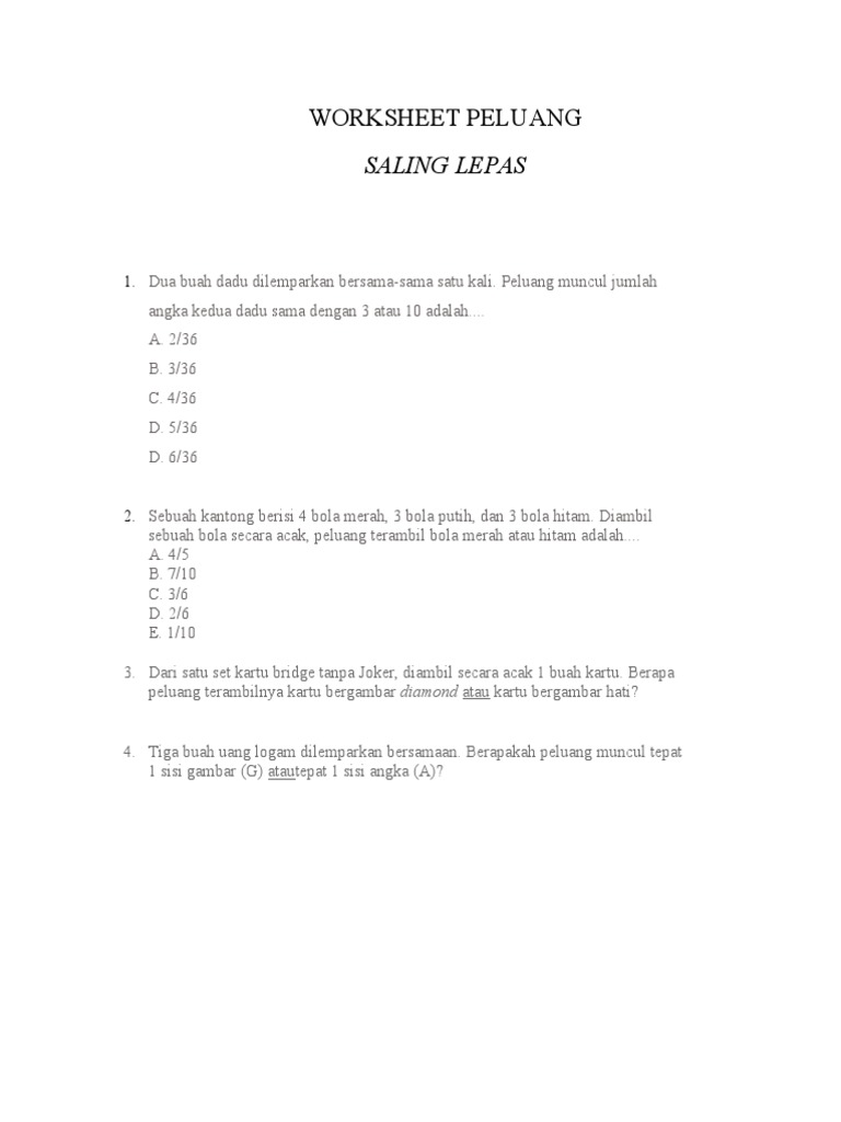 Worksheet Peluang Saling Lepas | PDF | Olahraga & Rekreasi