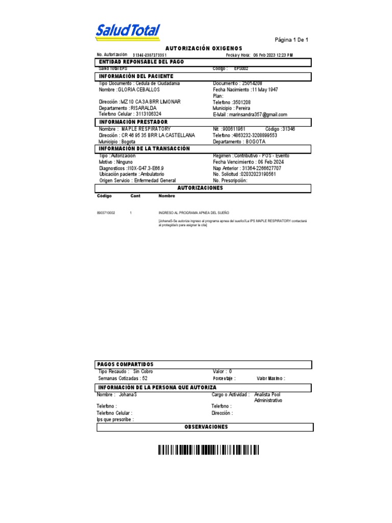 AUTORIZACION -ADNEA DE SUEÑO GLORIA | PDF