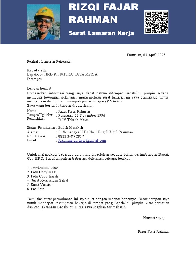 Surat Lamaran Pekerjaan (Rizqi Fajar Raham - Div Teknik Mesin) | PDF