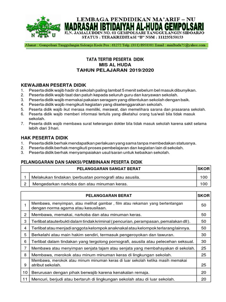Tata Tertib Peserta Didik MIS Al Huda | PDF