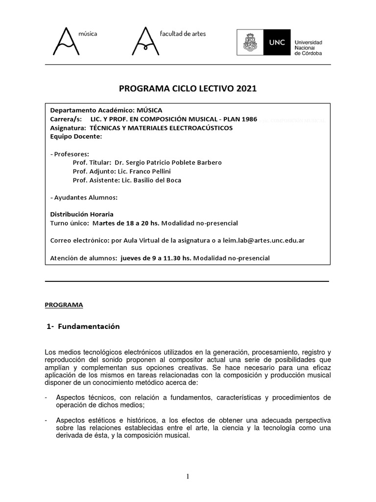 Programa 2021 Técnicas y Materiales Electroacústicos | PDF | Música electrónica | Sonido