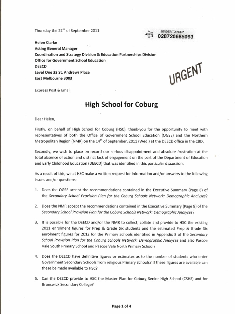 HSC Letter to Helen Clarke DEECD Thursday 22 September 2011
