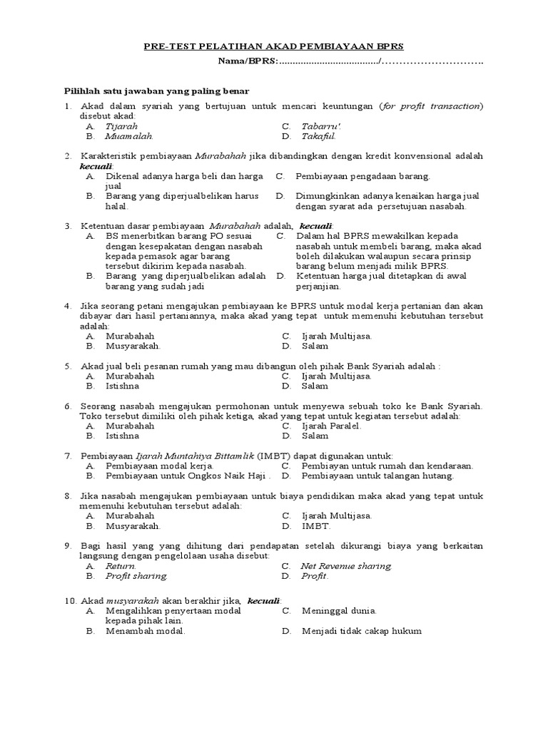 Pre Test Akad BPRS (Print) | PDF | Pengelolaan Keuangan & Uang