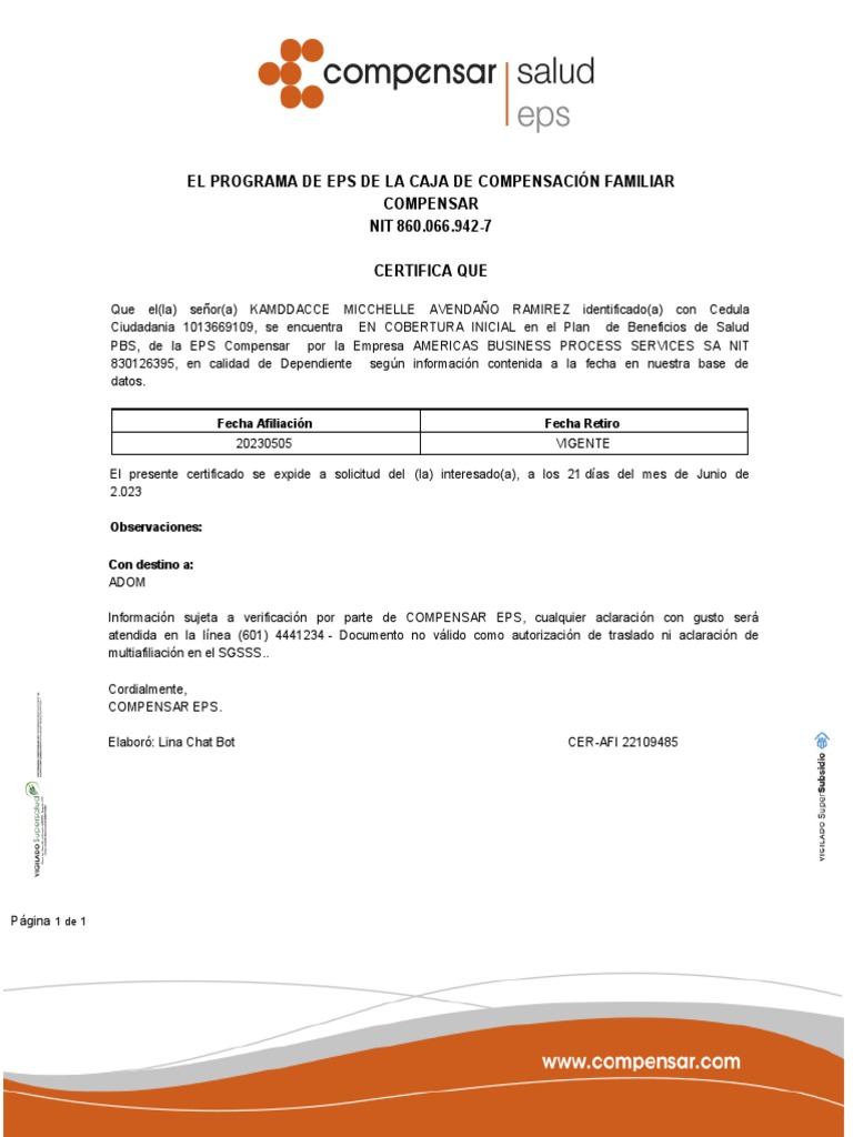 El Programa de Eps de La Caja de Compensación Familiar Compensar NIT ...