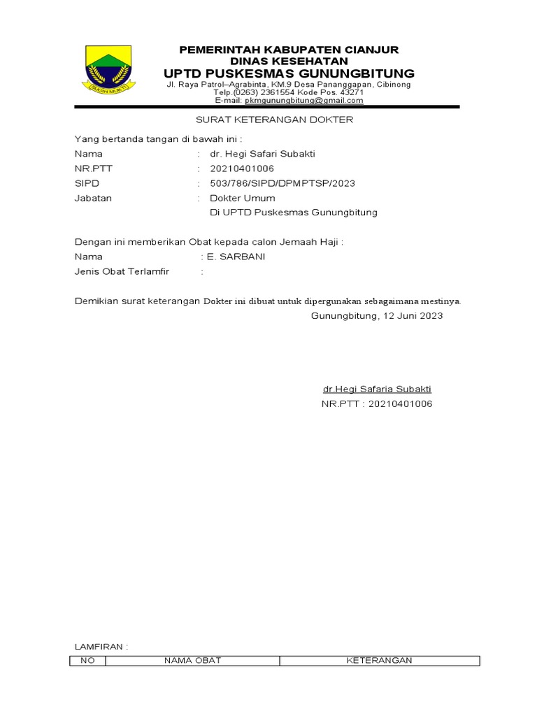 Surat Keterangan Obat Parsifen | PDF