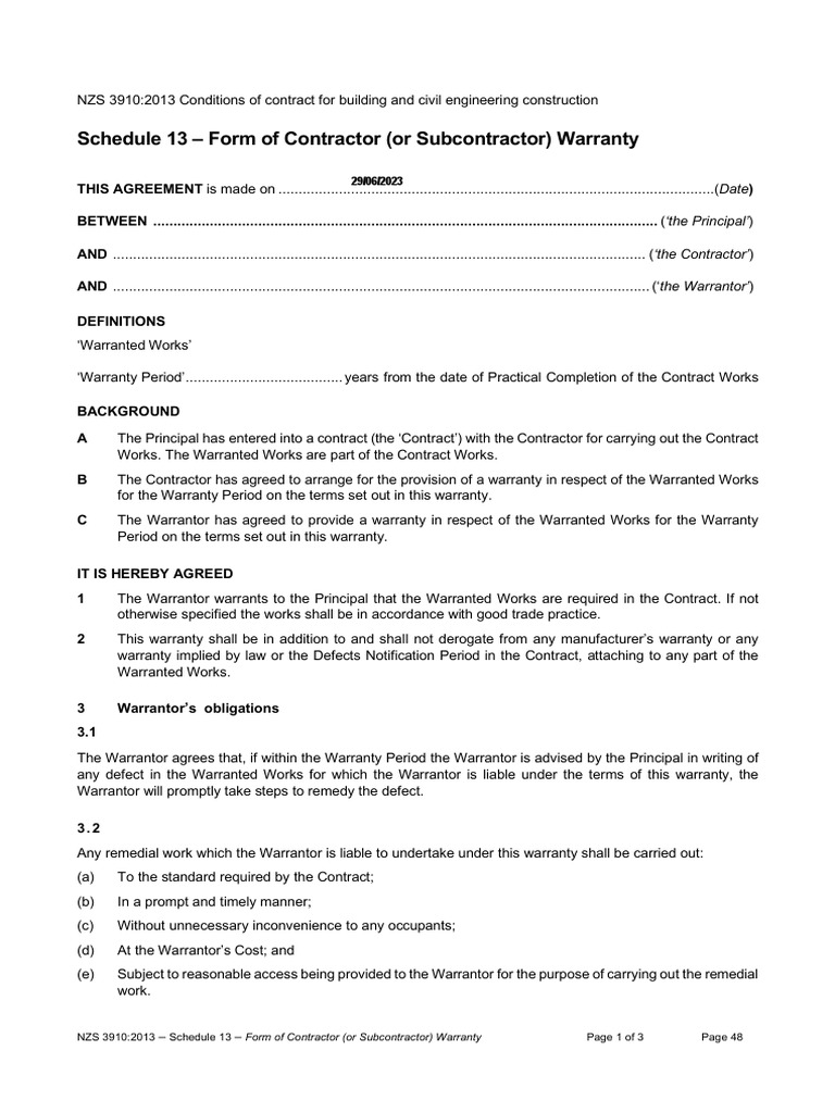 Contractor Warranty Agreement NZS 3910 | PDF | General Contractor ...